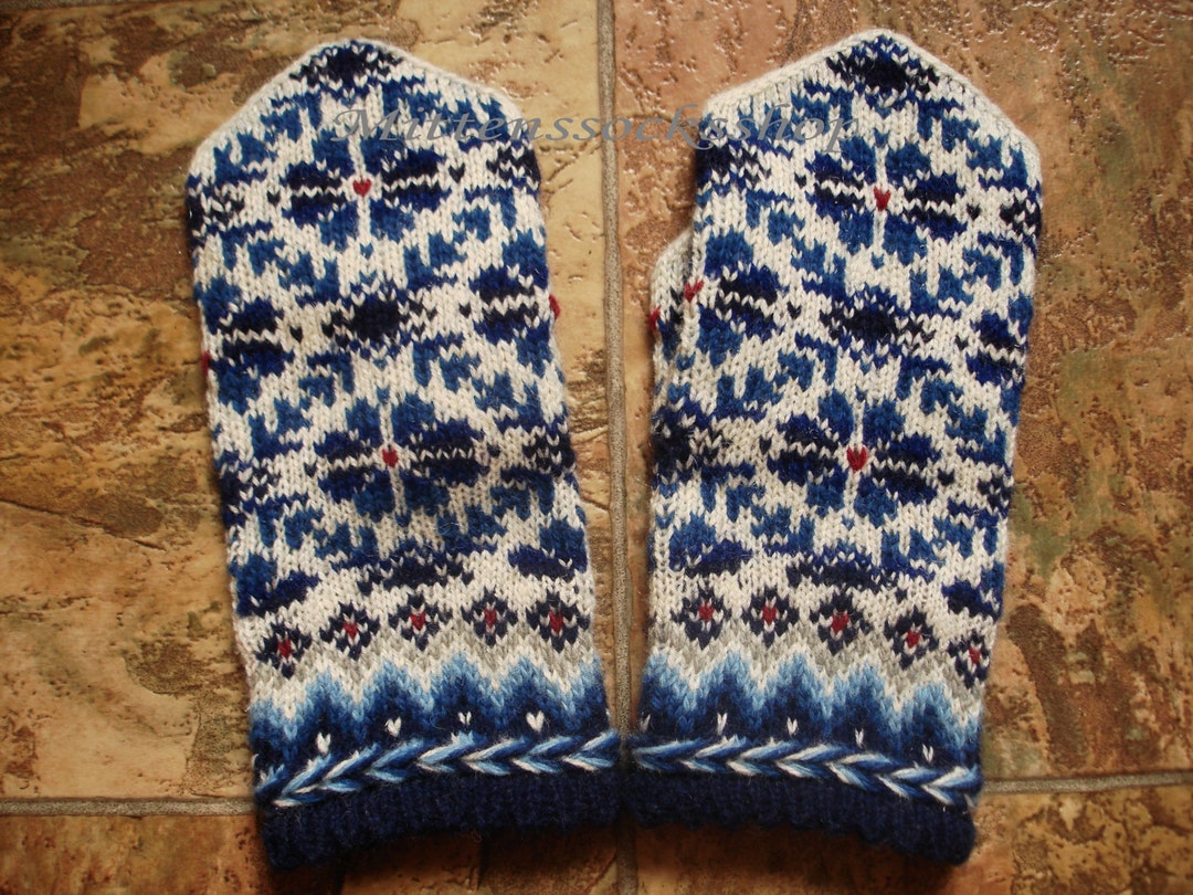 Hand Knit Wool Scandinavian Mittens: White & Blue Latvian Winter Gloves ...