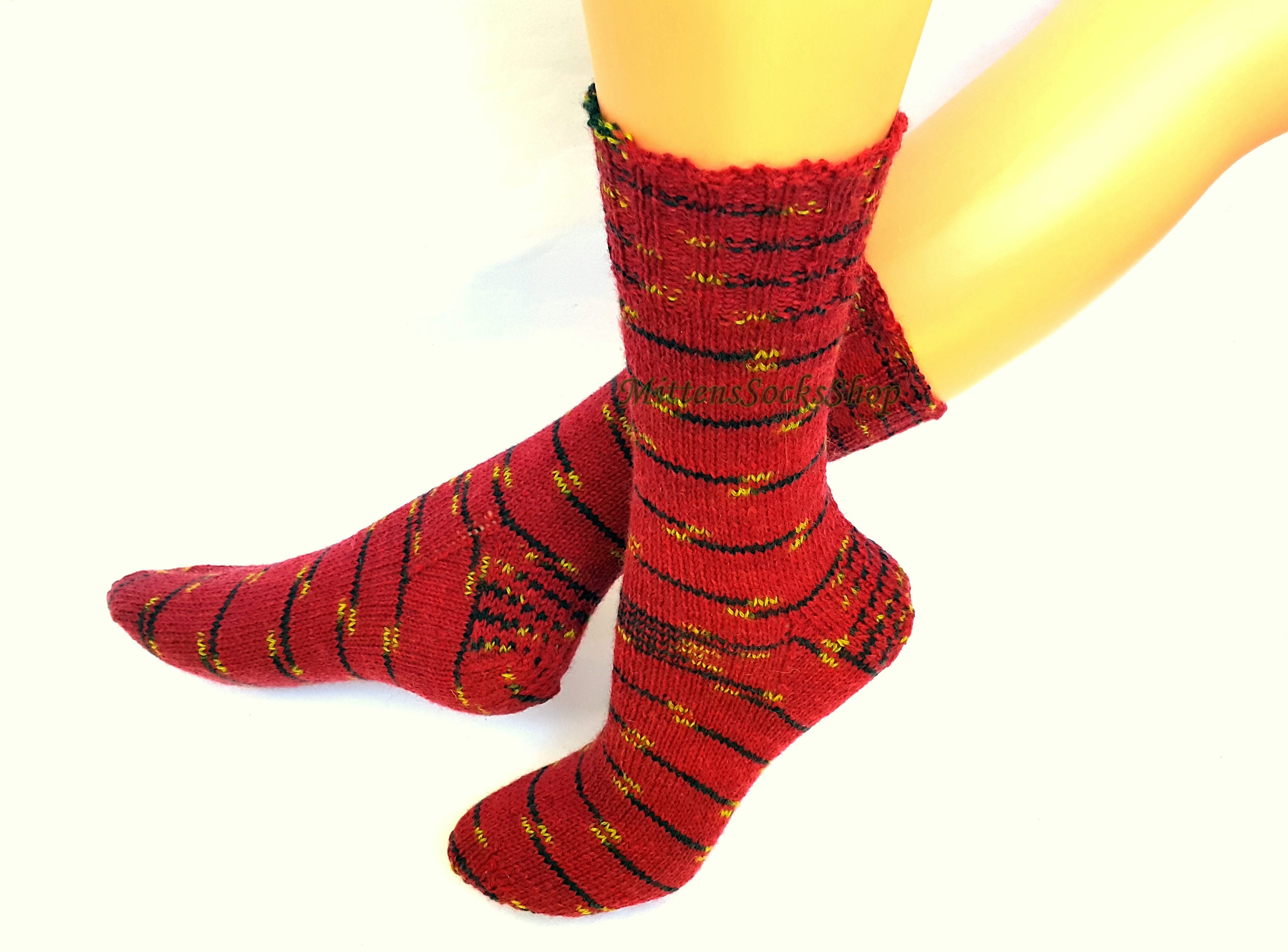 Hand Knitted Red Socks, Red Black Striped Socks, Colorful Socks, Red ...