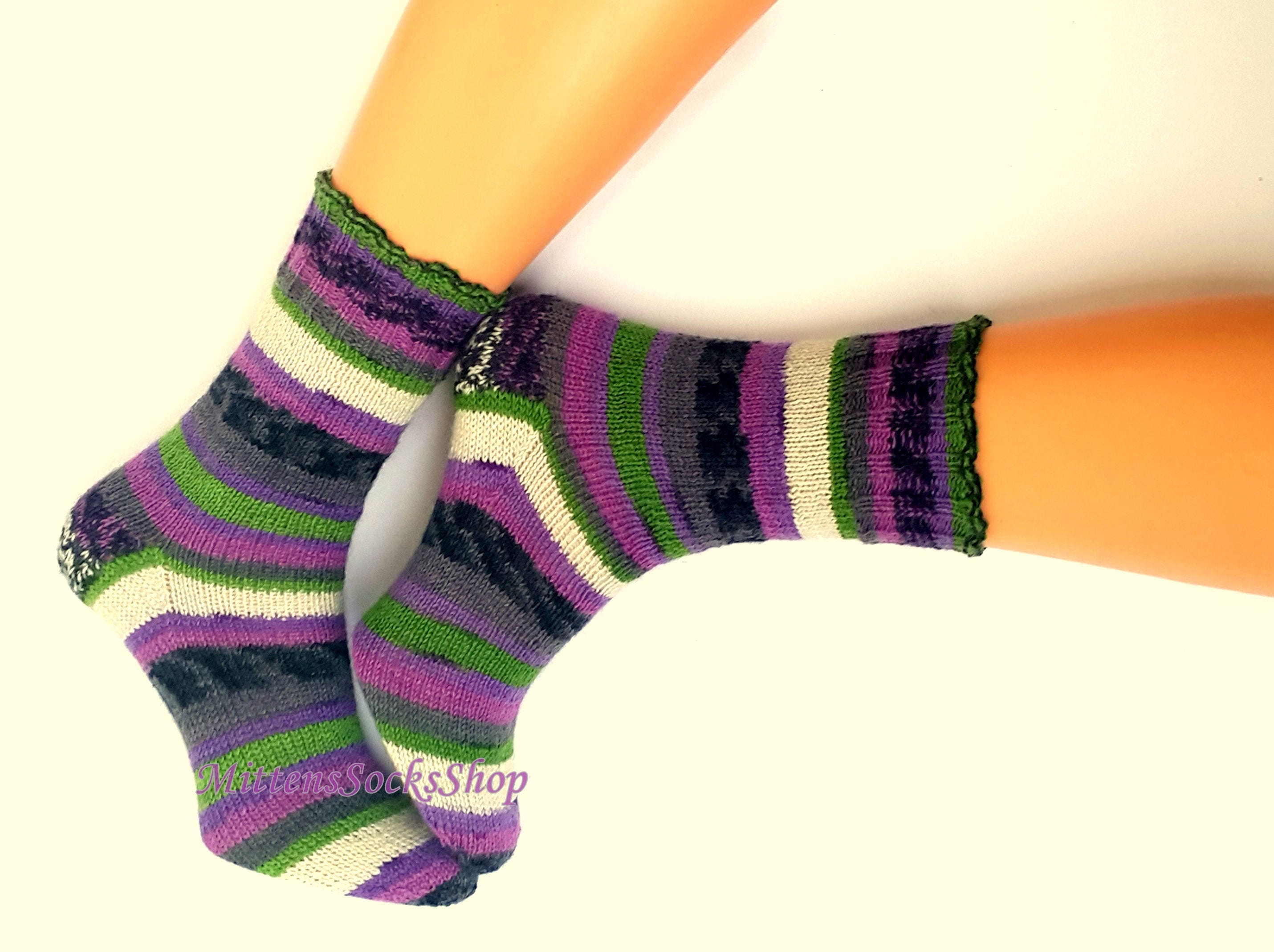 Purple Green Gray White Socks, Hand Knit Socks, Striped Purple Green ...