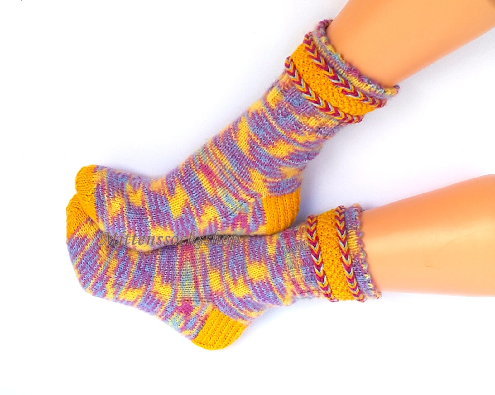 Pink Yellow Blue Socks, Hand Knit Melange Wool Socks, Multicolor Socks ...
