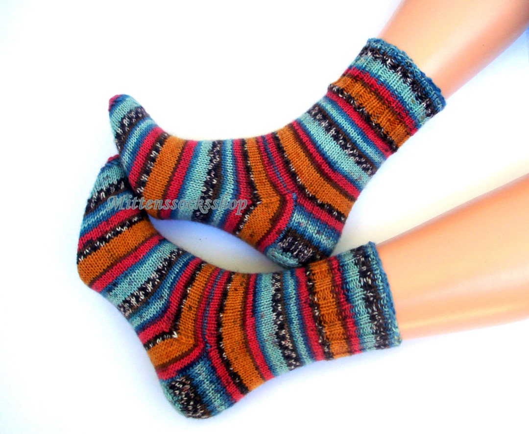 Blue Yellow Hand Knitted Socks, Striped Socks, Womens Socks, Winter ...