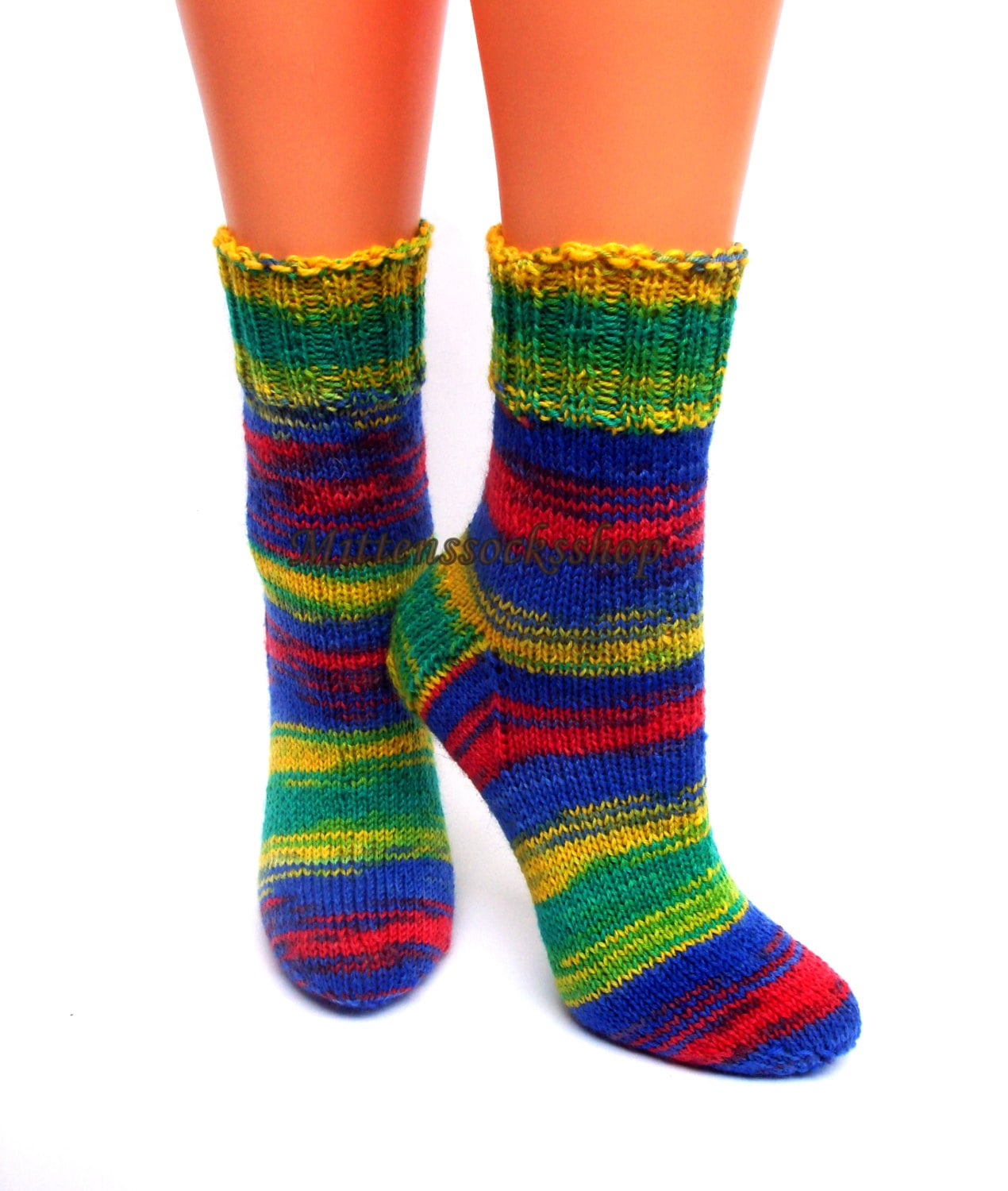 Blue Green Red Yellow Socks, Hand Knitted Blue Green Red Yellow Womens ...