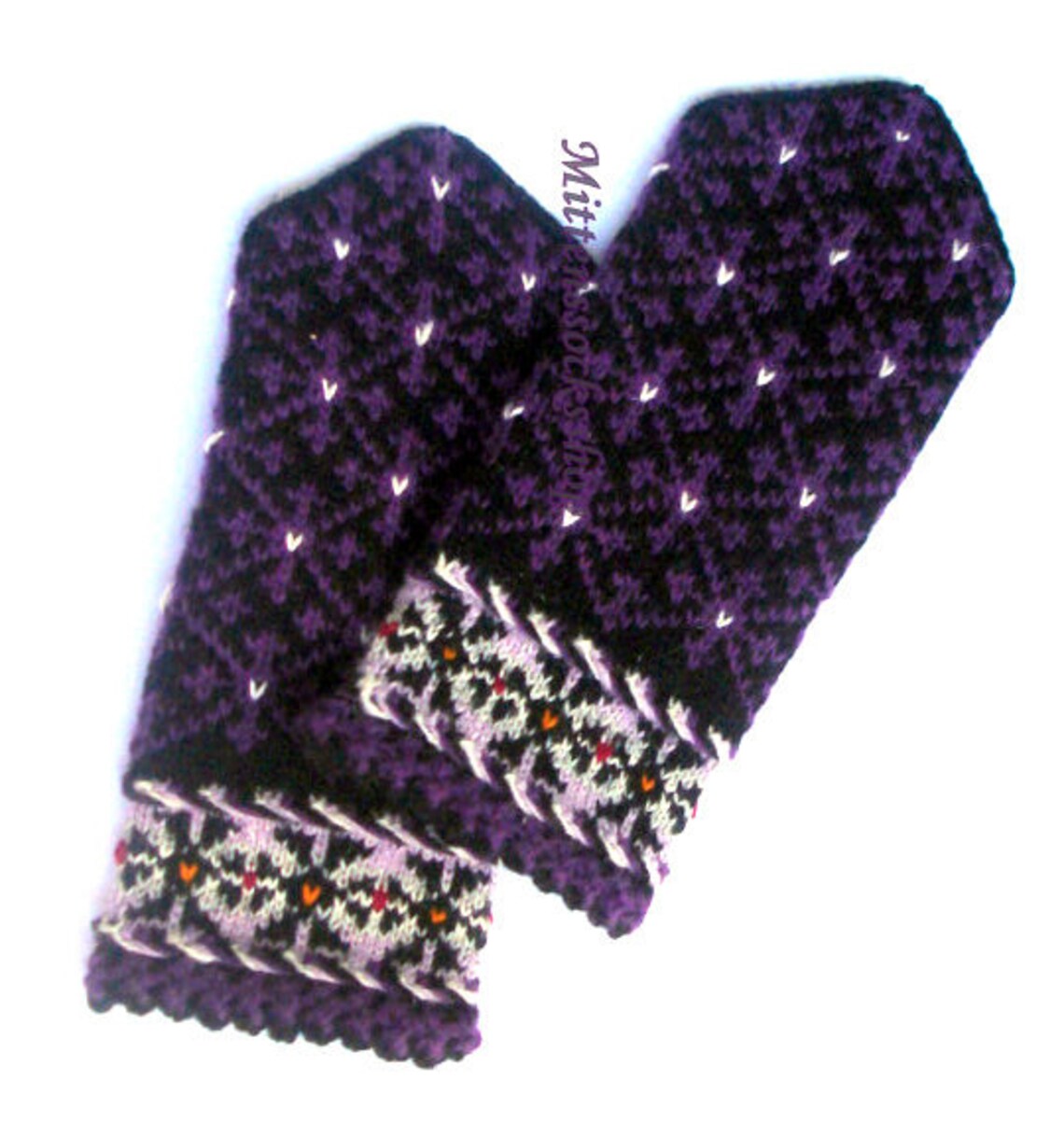 Purple Black Mittens Hand Knit Wool Mittens Purple Black - Etsy