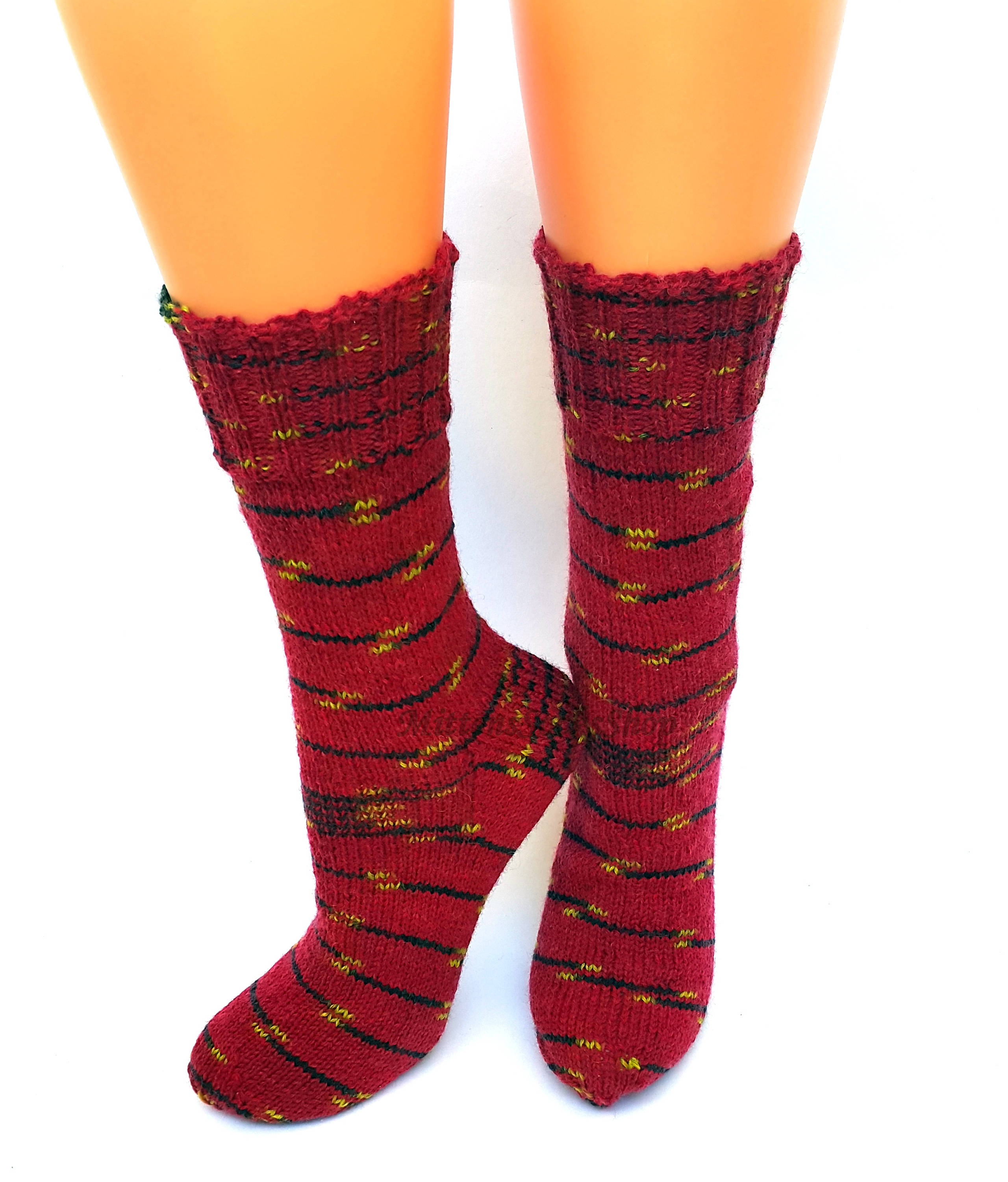 Hand Knitted Red Socks, Red Black Striped Socks, Colorful Socks, Red ...