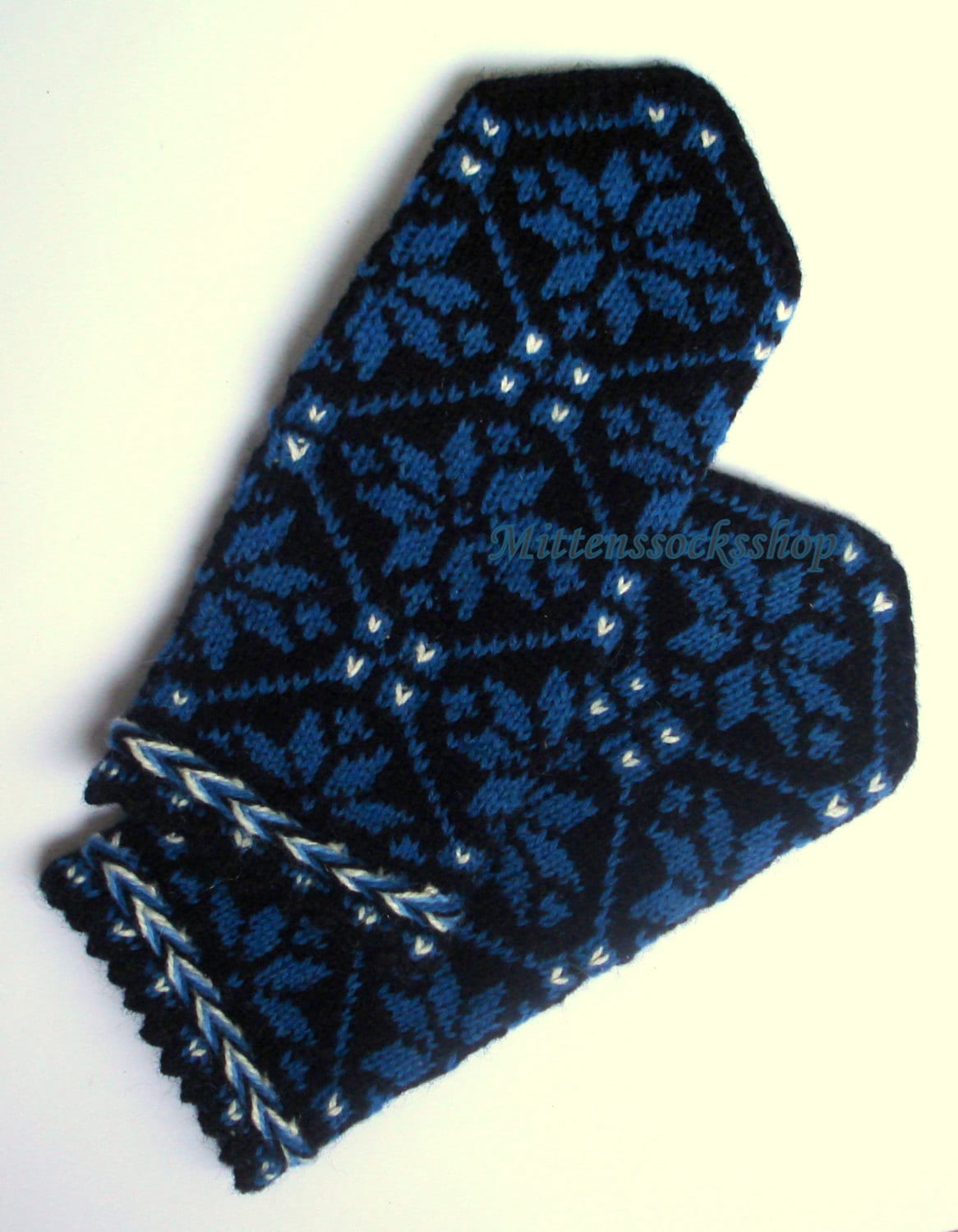Hand Knit Blue Black Wool Mittens, Knit Blue Black Gloves, Latvian ...