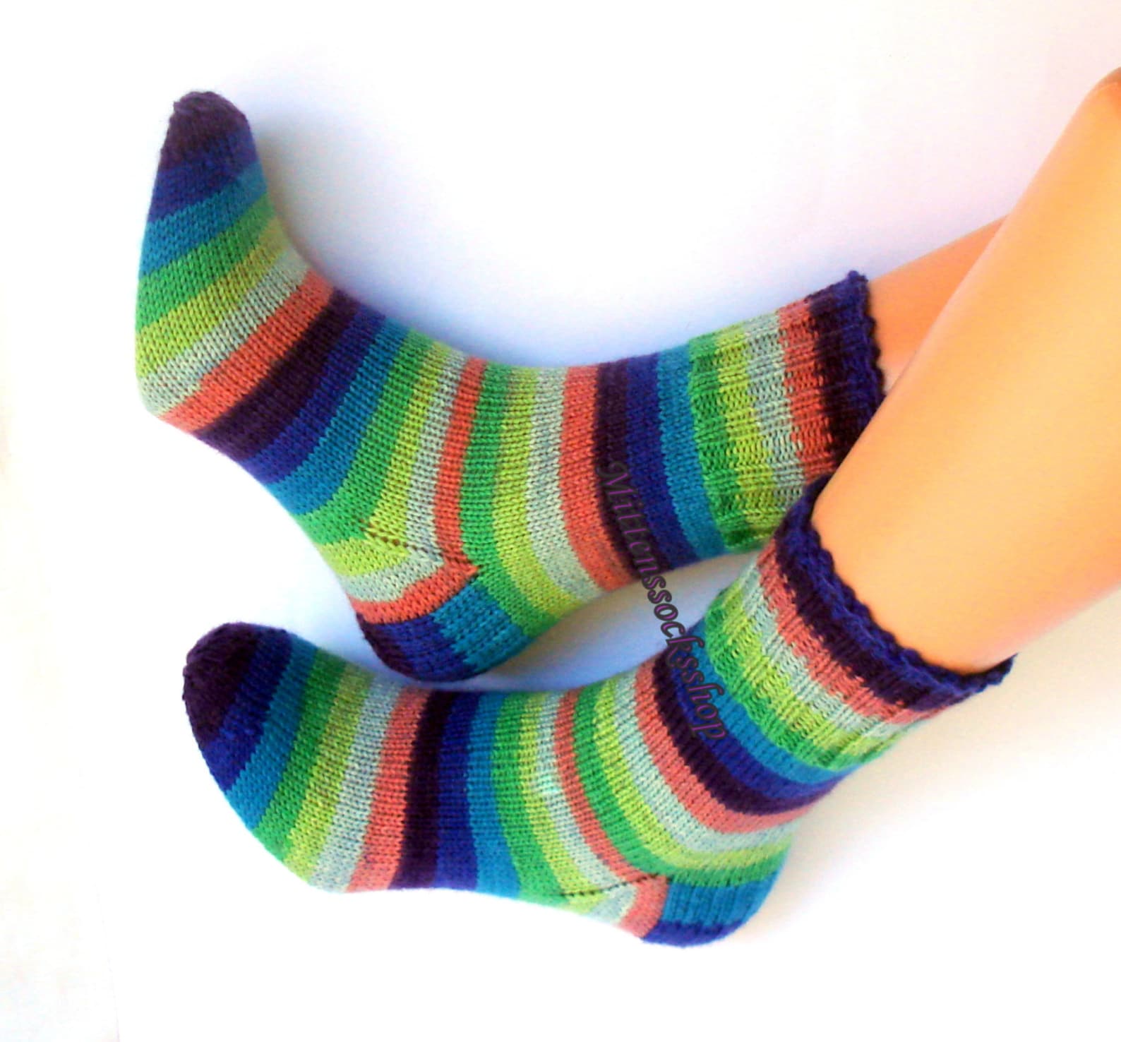 Blue Green Purple Hand Knitted Socks, Striped Multicolor Socks, Blue ...