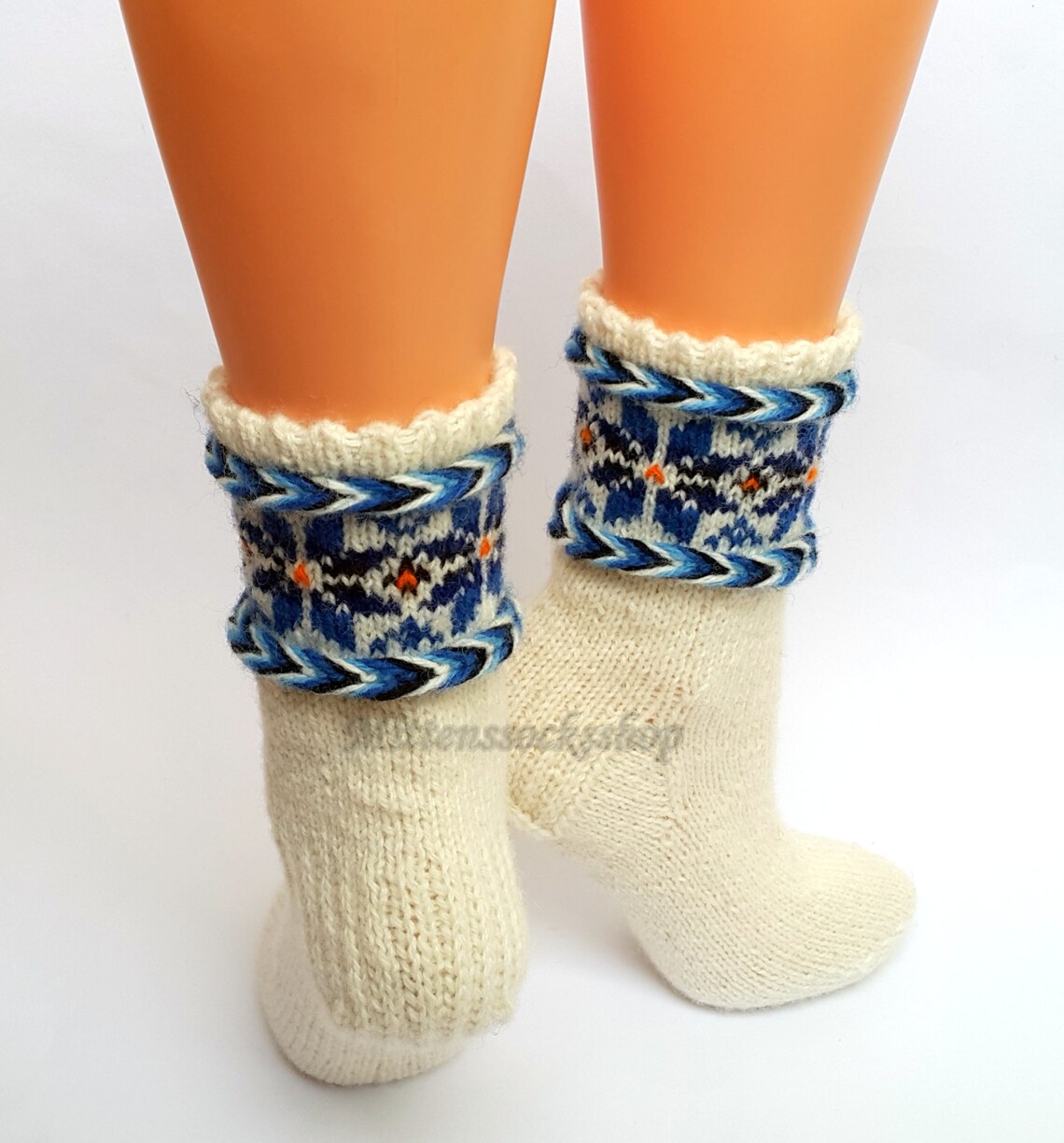 White Blue Hand Knitted Wool Socks White Blue Womens Socks - Etsy