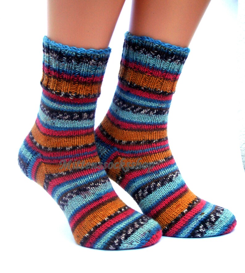 Hand Knitted Wool Socks: Blue Yellow Striped Winter Socks - Etsy UK