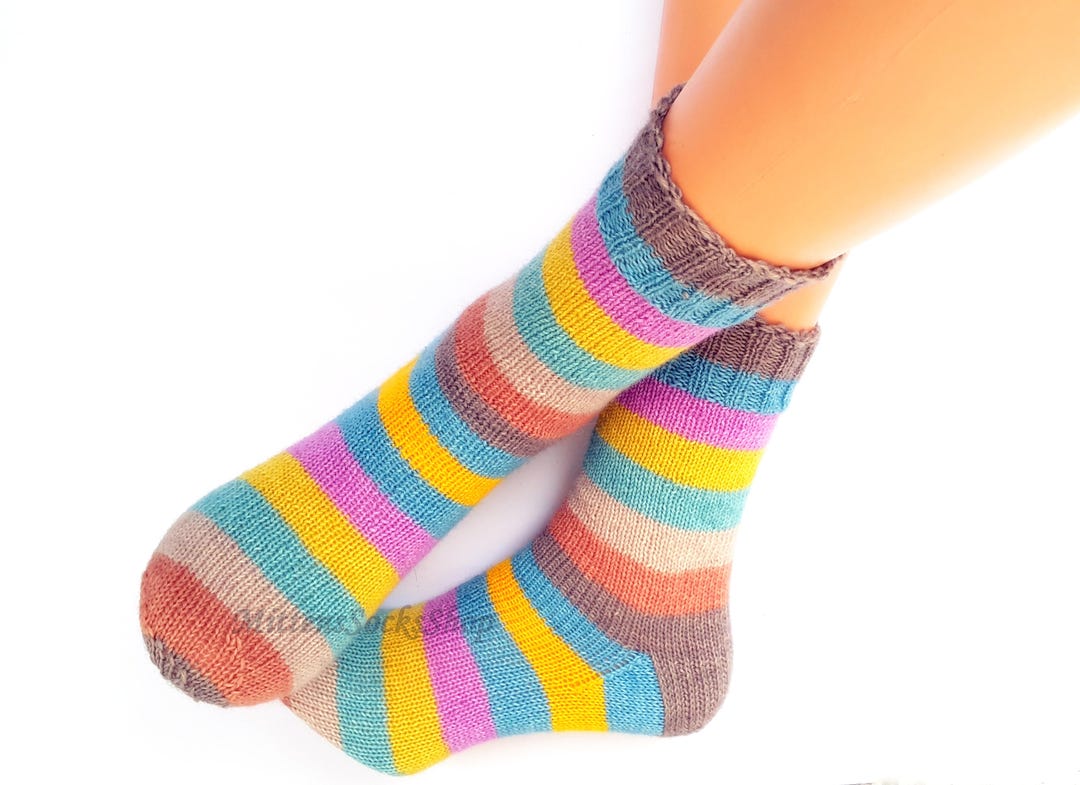 Beige Yellow Blue Socks, Hand Knitted Socks, Striped Socks, Womens ...