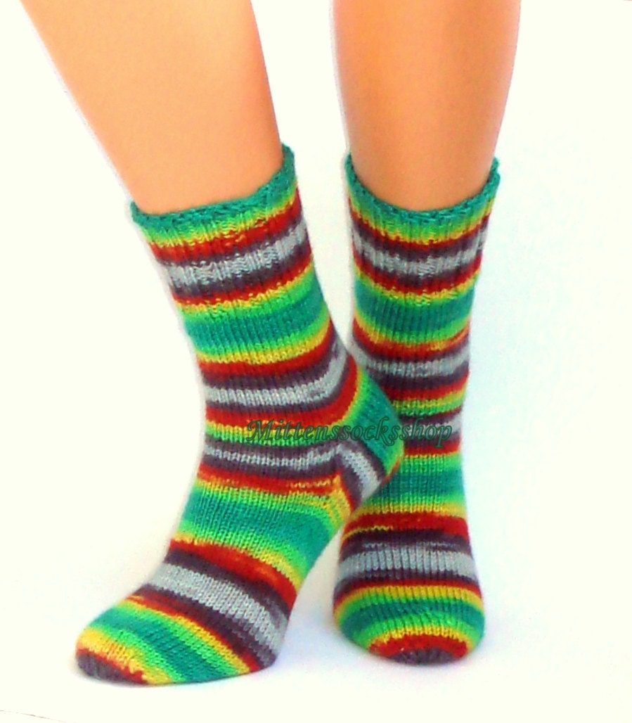 Green Red Gray Yellow Hand Knit Socks Green Red Striped - Etsy