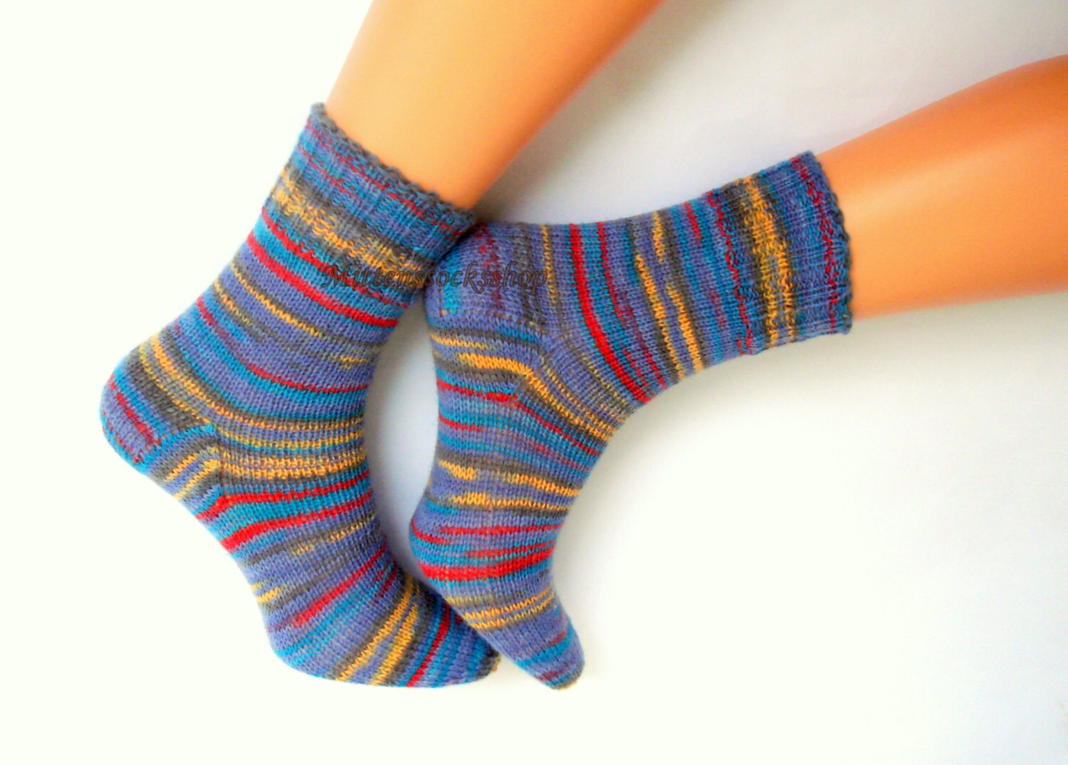 Blue Yellow Red Hand Knit Socks Blue Yellow Red Striped - Etsy