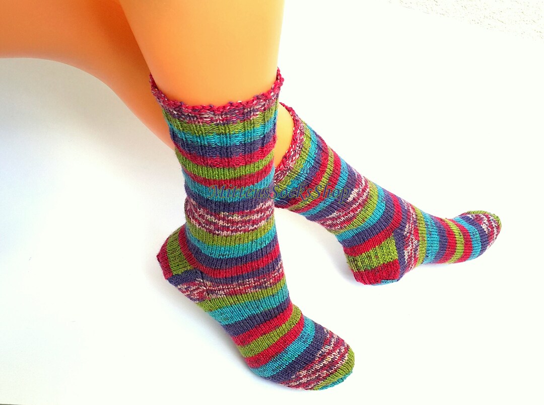 Blue Red Green Socks, Hand Knit Socks, Wool Socks, Striped Womens Socks ...