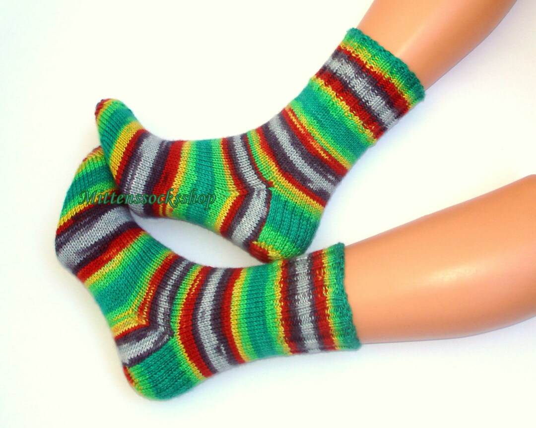 Green Red Gray Yellow Hand Knit Socks, Green Red Striped Socks, Gray ...