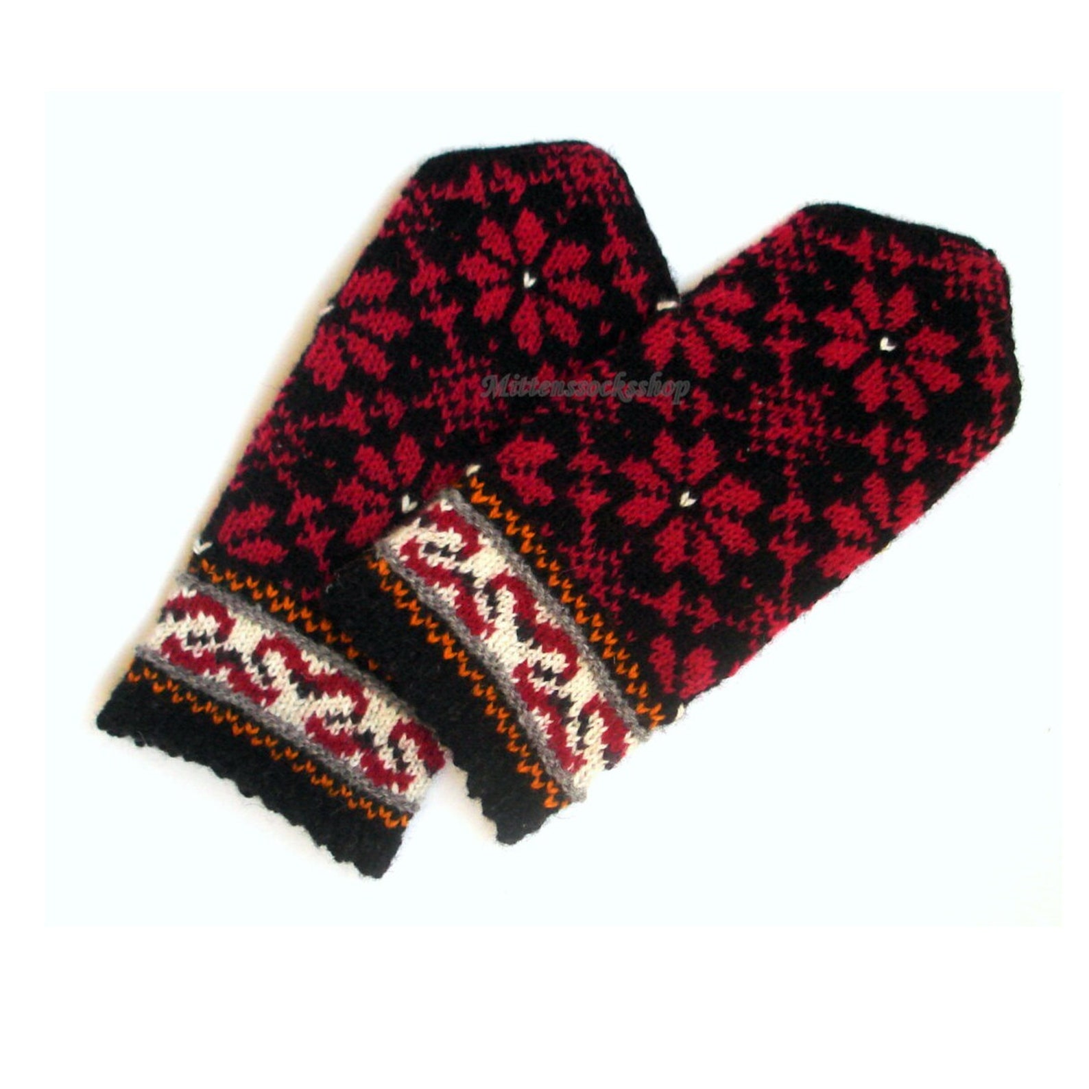 Hand Knitted Red Black White Mittens, Latvian Mittens, Hand Knit Red ...