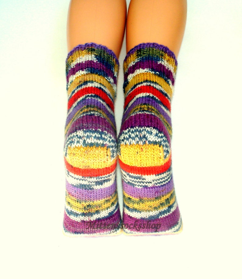 Purple Red Yellow Socks, Hand Knitted Socks, Striped Socks, Womens ...