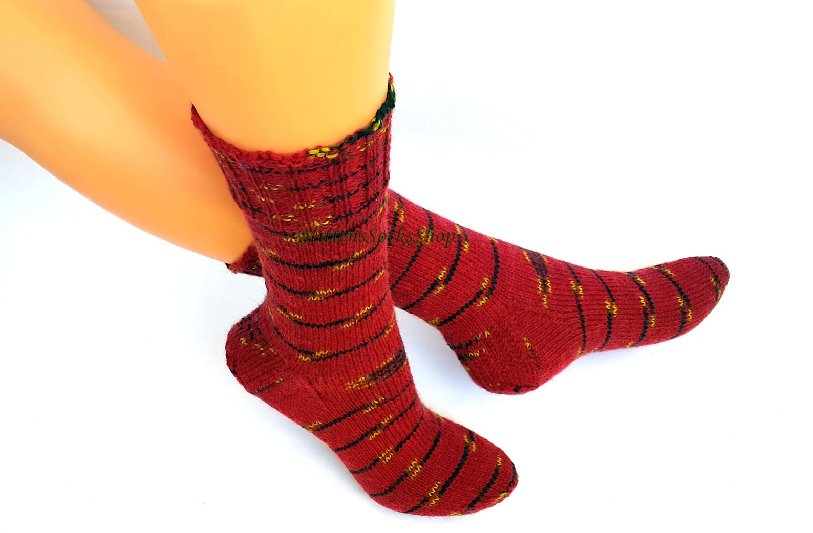 Hand Knitted Red Socks, Red Black Striped Socks, Colorful Socks, Red ...