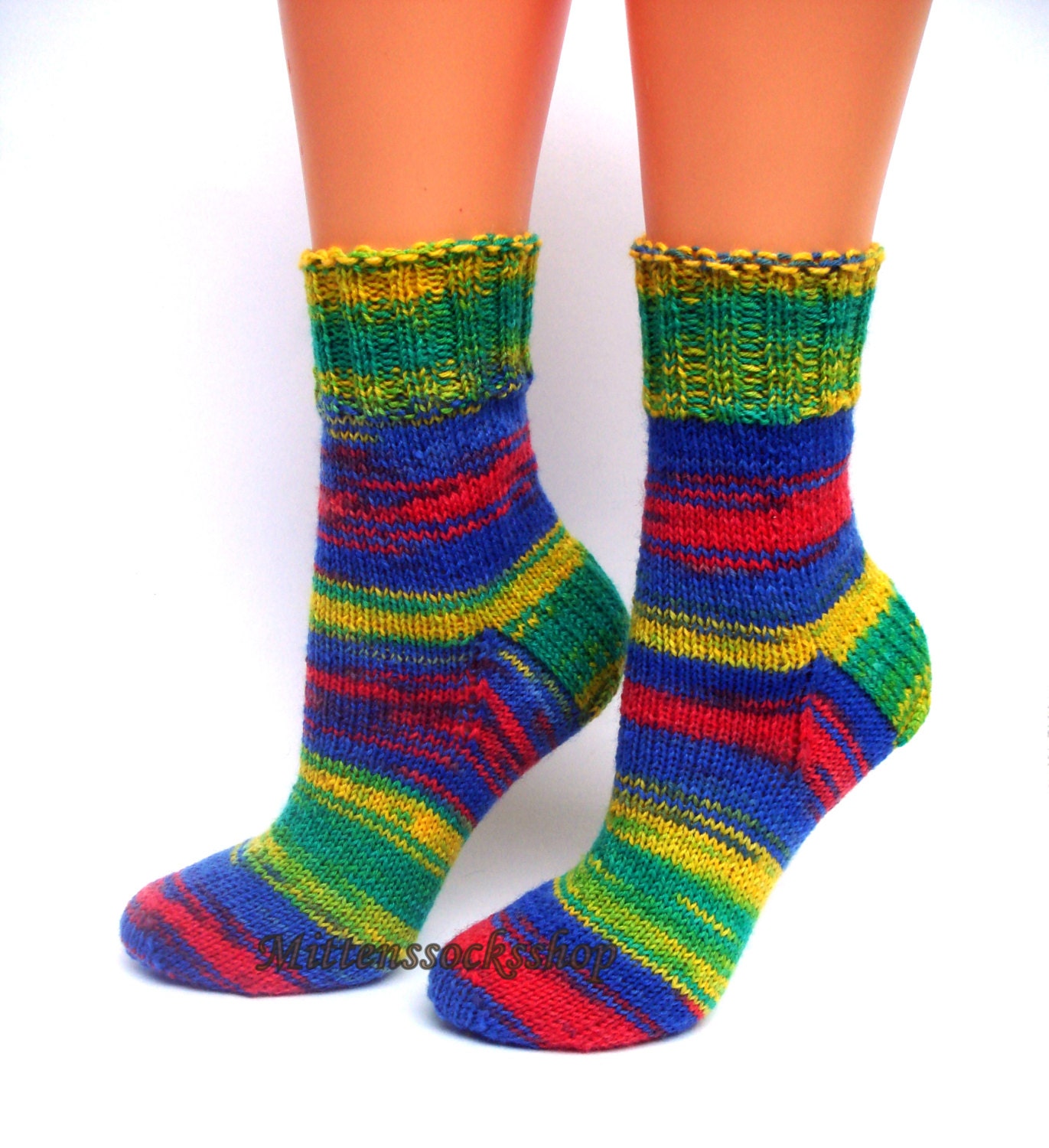 Blue Green Red Yellow Socks Hand Knitted Blue Green Red - Etsy
