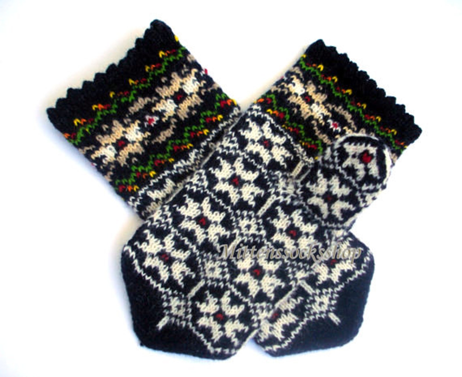 Knit Mittens, White Black Mittens, Wool Mittens, Hand Knit White Black ...