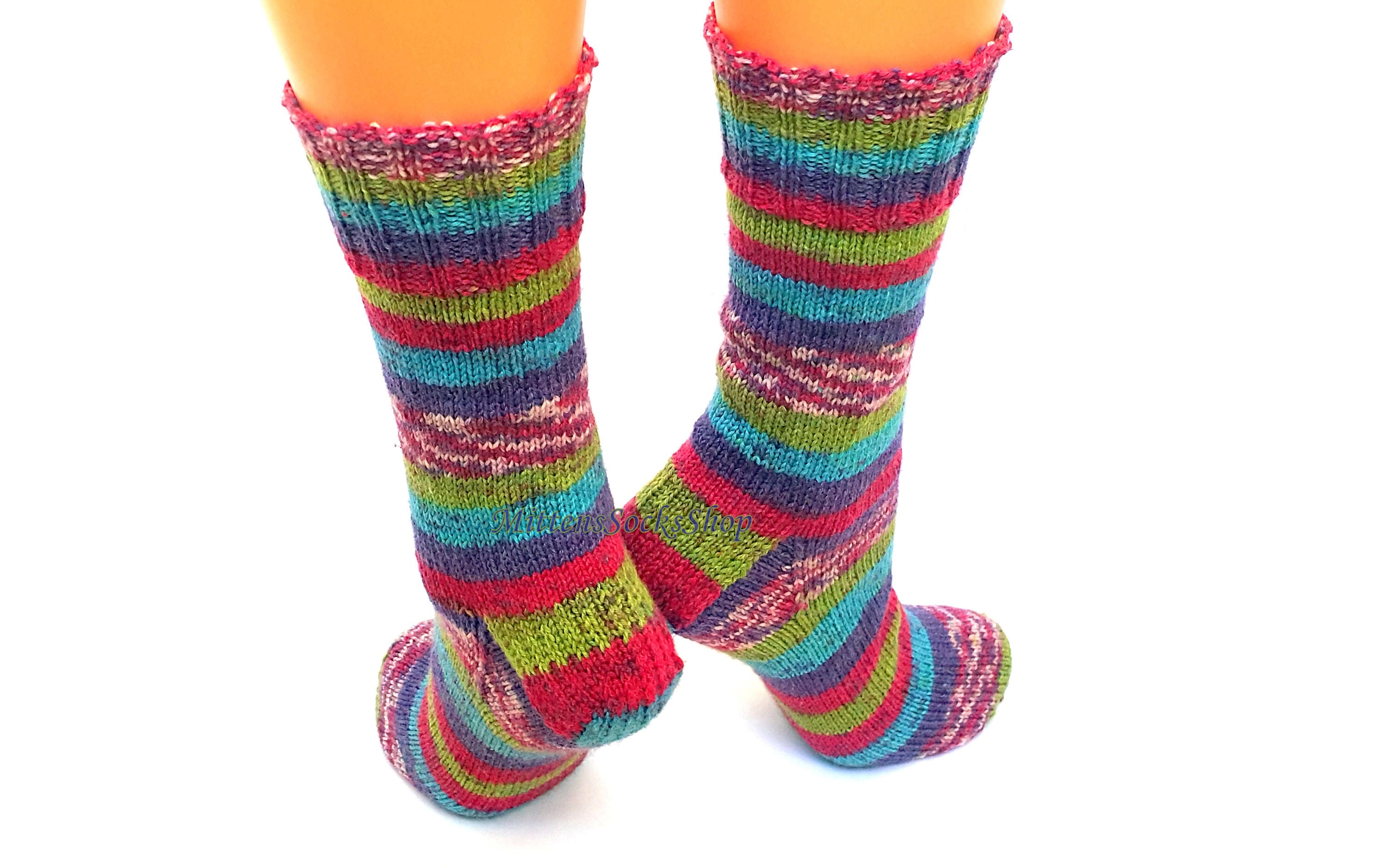 Blue Red Green Socks, Hand Knit Socks, Wool Socks, Striped Womens Socks ...