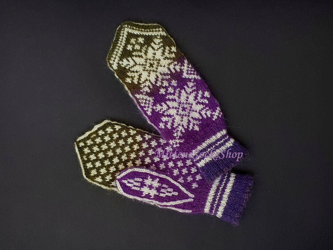 Purple White Green Mittens, Knitted Nordic Mittens, Scandinavian Gloves ...
