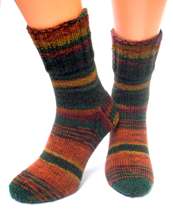 Green Brown Yellow Hand Knitted Socks, Green Brown Striped Womens Socks ...