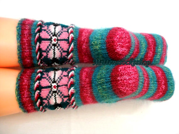 Red Green Hand Knitted Socks, Warm Socks From Sock Yarn With Mohair ...