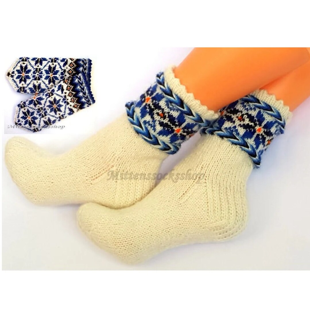 White Blue Hand Knitted Wool Socks, White Blue Womens Socks, White Blue ...