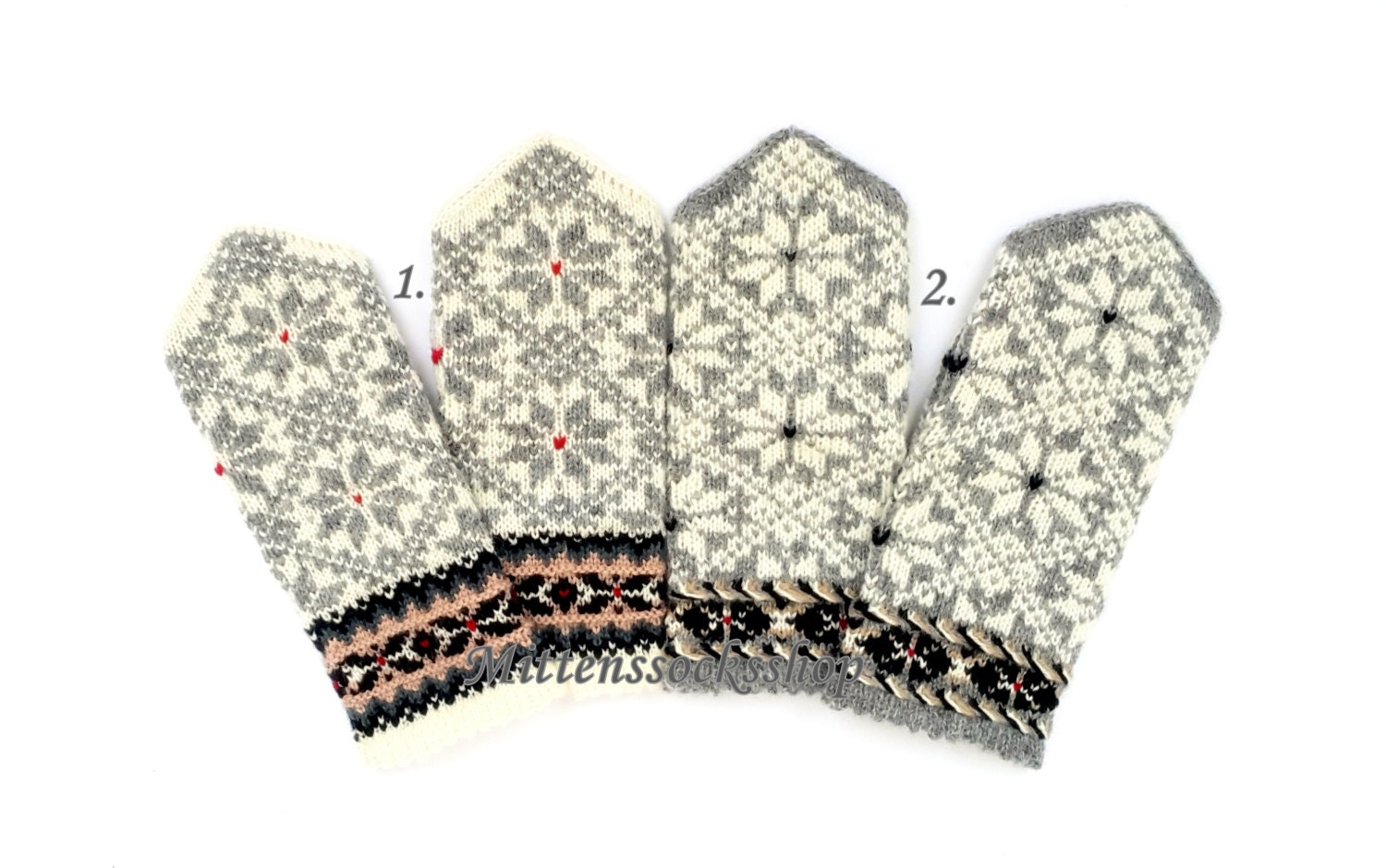 White Gray Mittens, Hand Knit Wool Mittens, Hand Knit White Gray Gloves ...