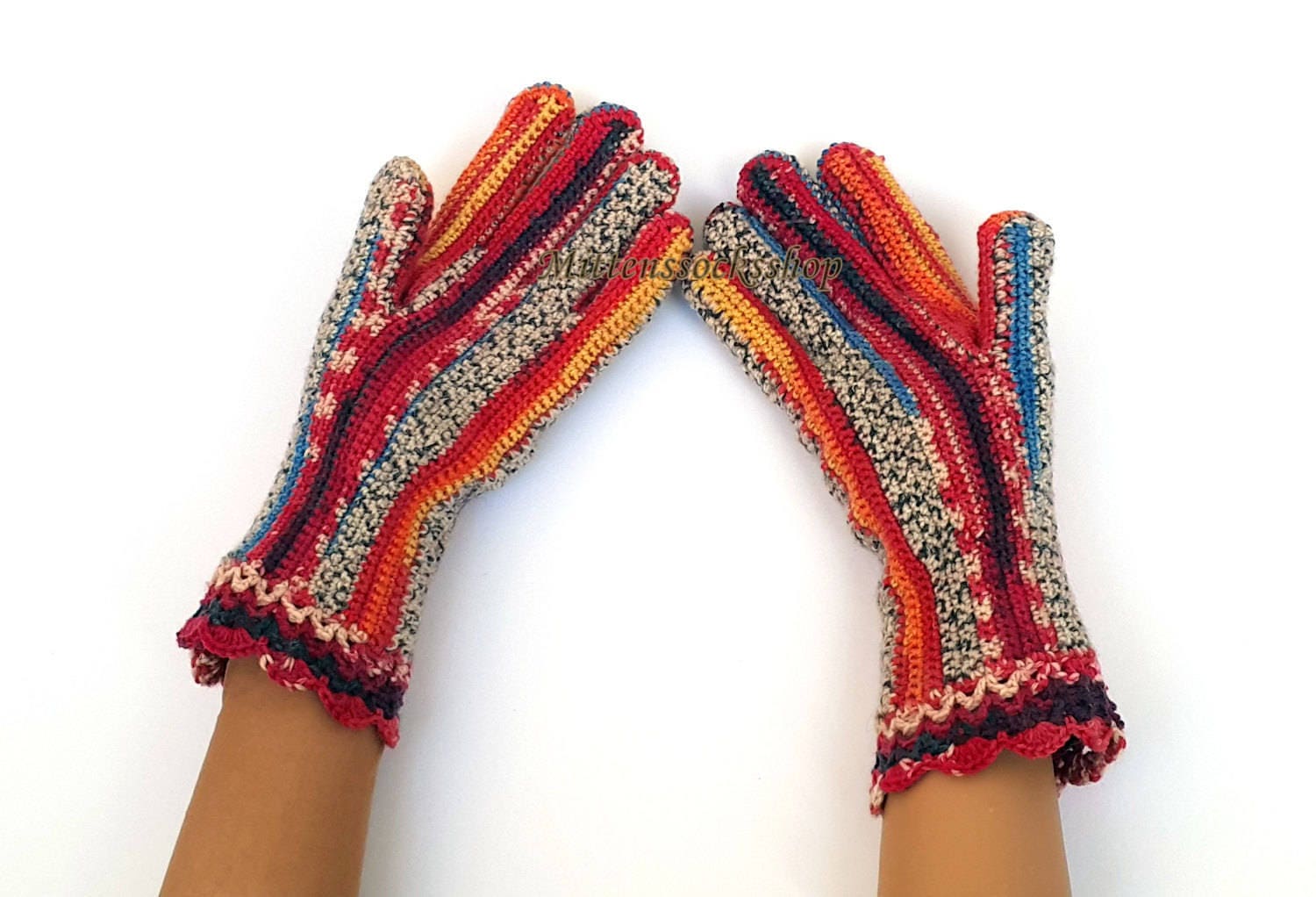 Red Yellow White Womens Gloves With Fingers, Crochet Girls Gloves With ...