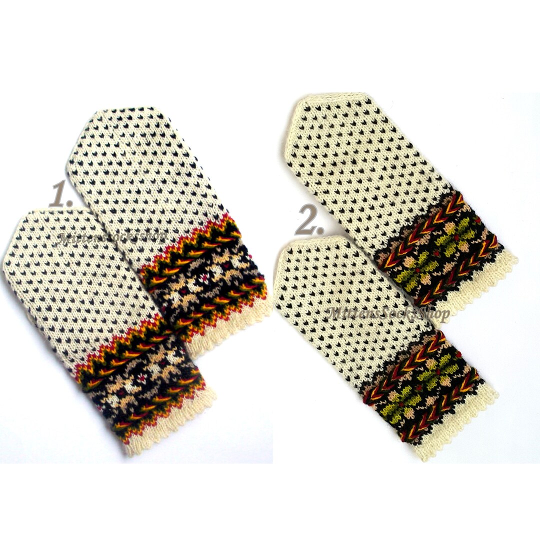 White Black Hand Knitted Wool Mittens, Latvian Mittens, Scandinavian ...