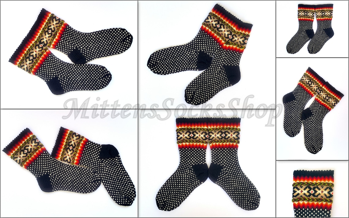 Black White Hand Knitted Wool Socks Knitted Socks With Pattern - Etsy