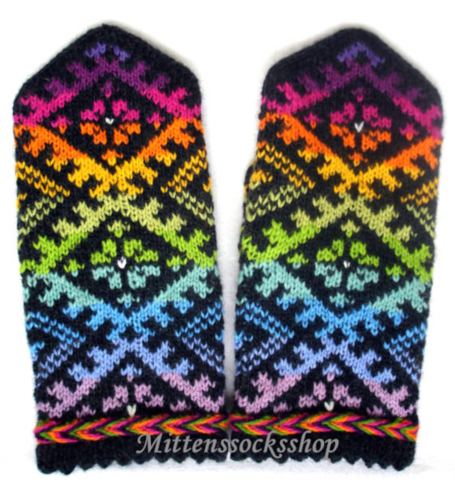 Rainbow Mittens Hand Knitted Wool Mittens Hand Knit Rainbow | Etsy