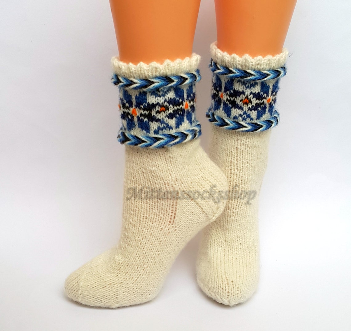White Blue Hand Knitted Wool Socks White Blue Womens Socks - Etsy