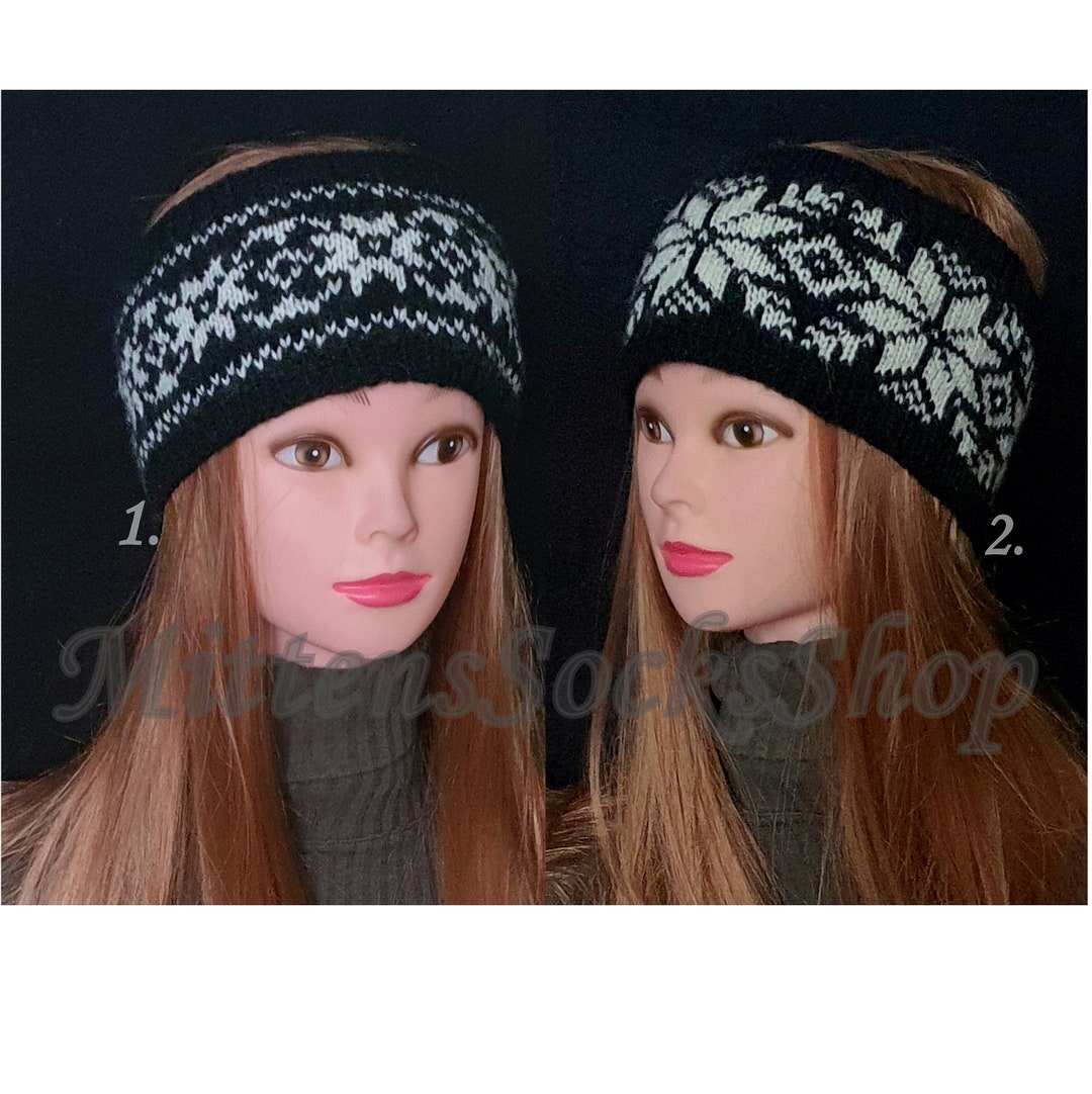 Black White Headband, Snowflake Headband, Fair Isle Headband, Knitted ...