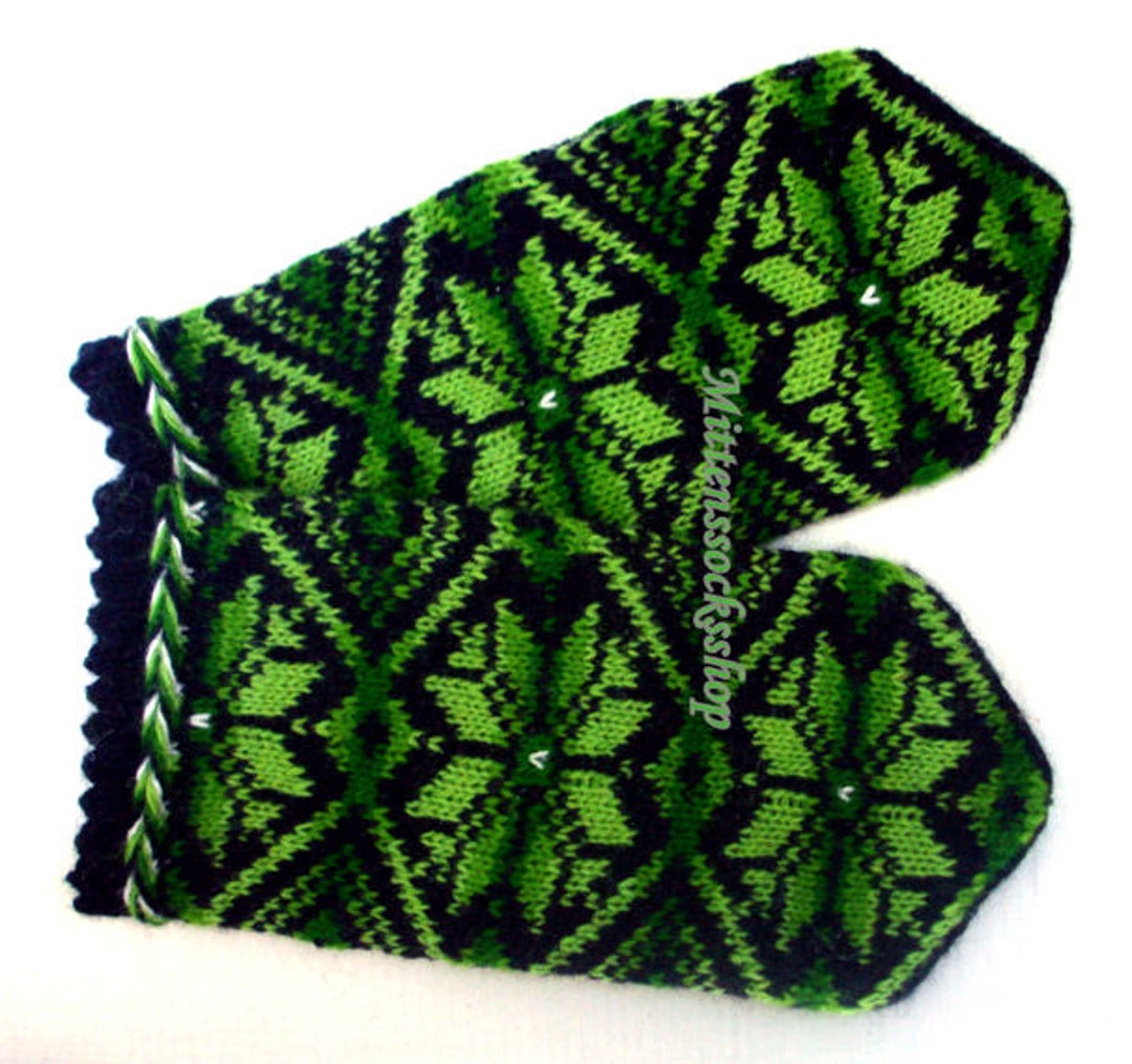 Green Black Knitted Mittens, Wool Mittens, Wool Gloves, Latvian Mittens ...