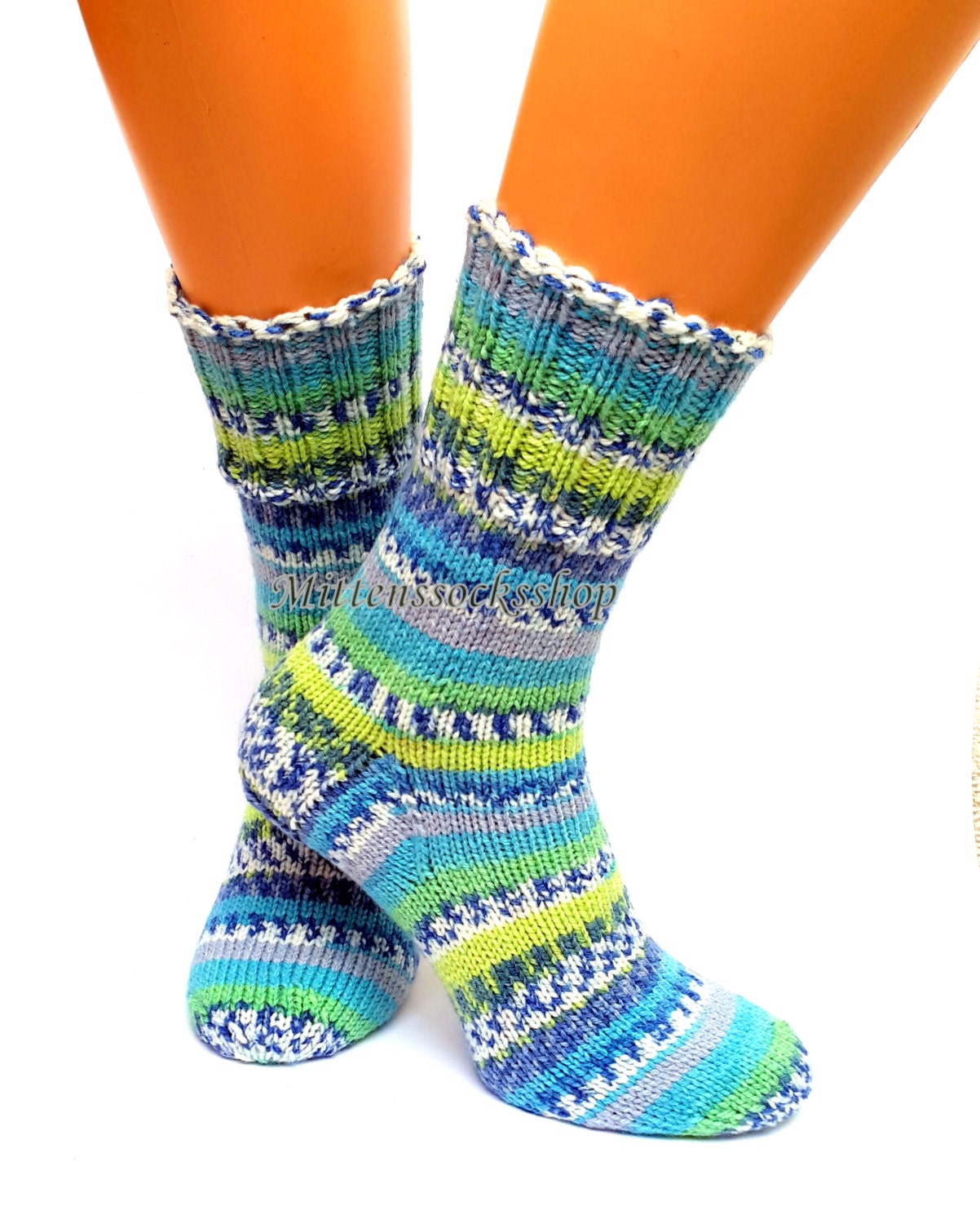 Blue Green Socks Hand Knitted Socks Blue Green Womens Socks - Etsy