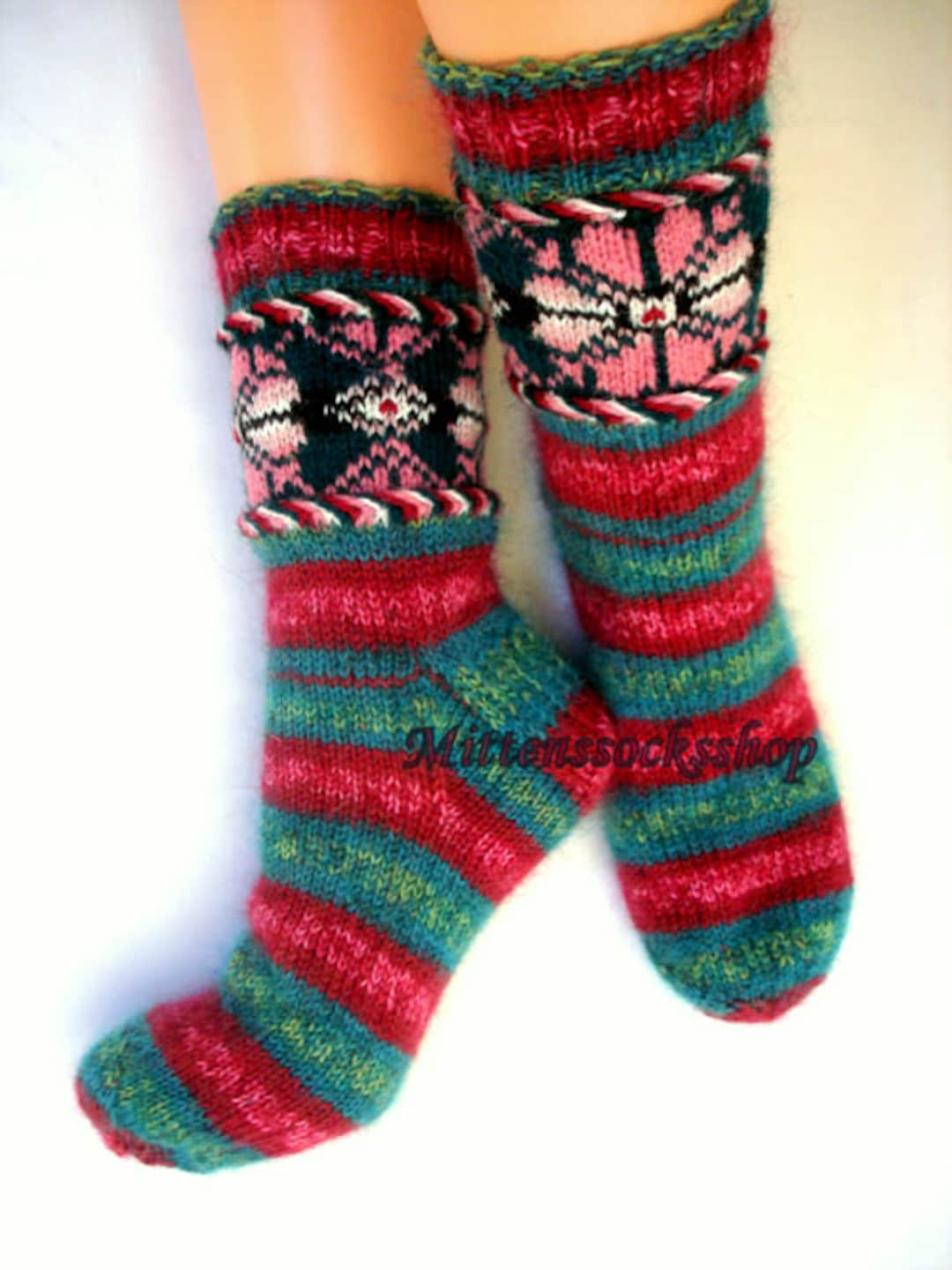 Red Green Hand Knitted Socks, Warm Socks From Sock Yarn With Mohair ...
