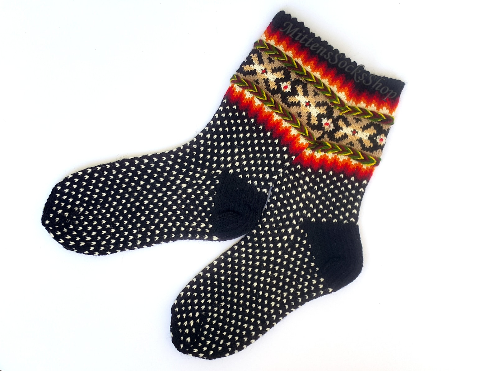 Black White Hand Knitted Wool Socks Knitted Socks With Pattern - Etsy
