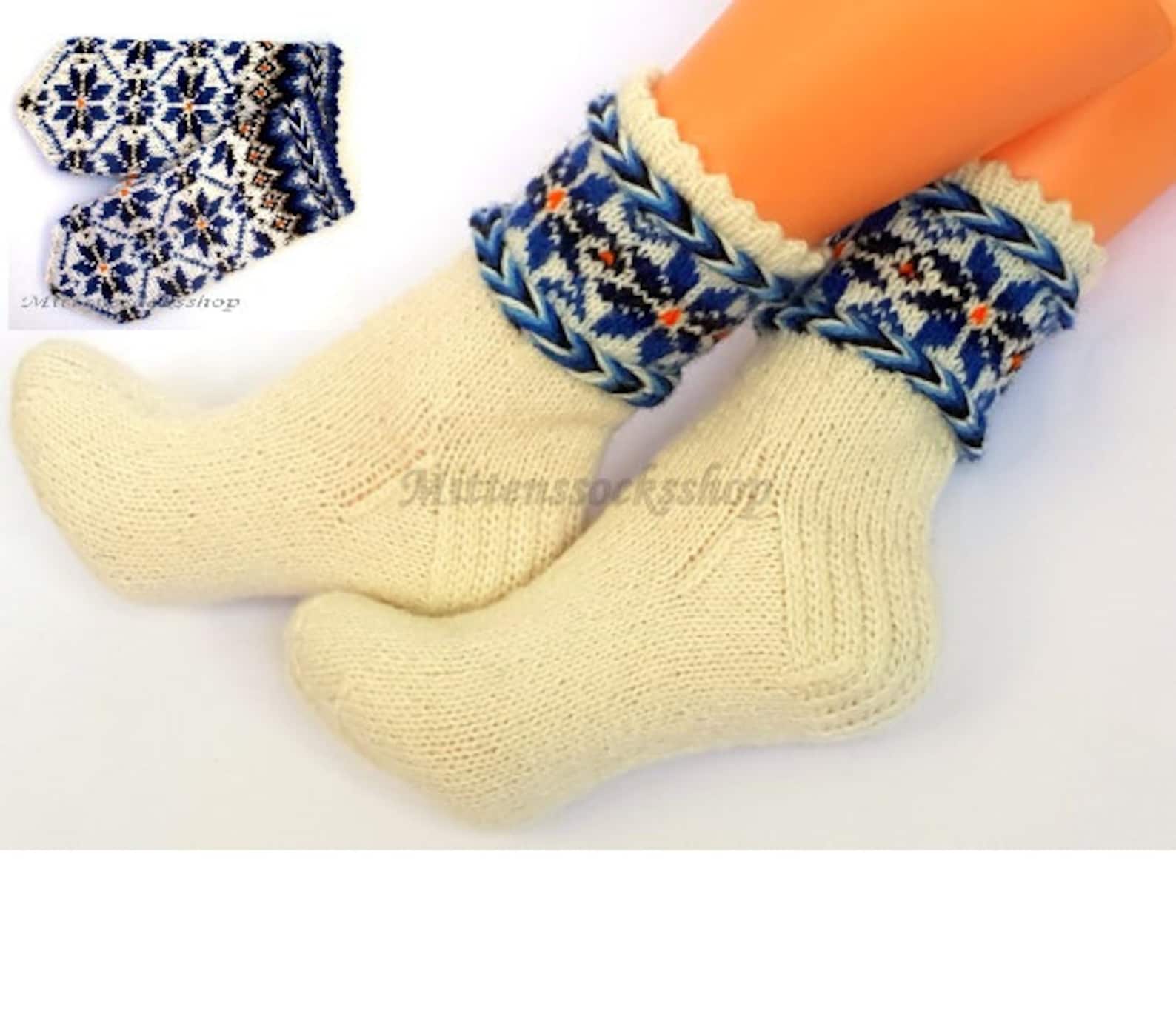 White Blue Hand Knitted Wool Socks White Blue Womens Socks - Etsy