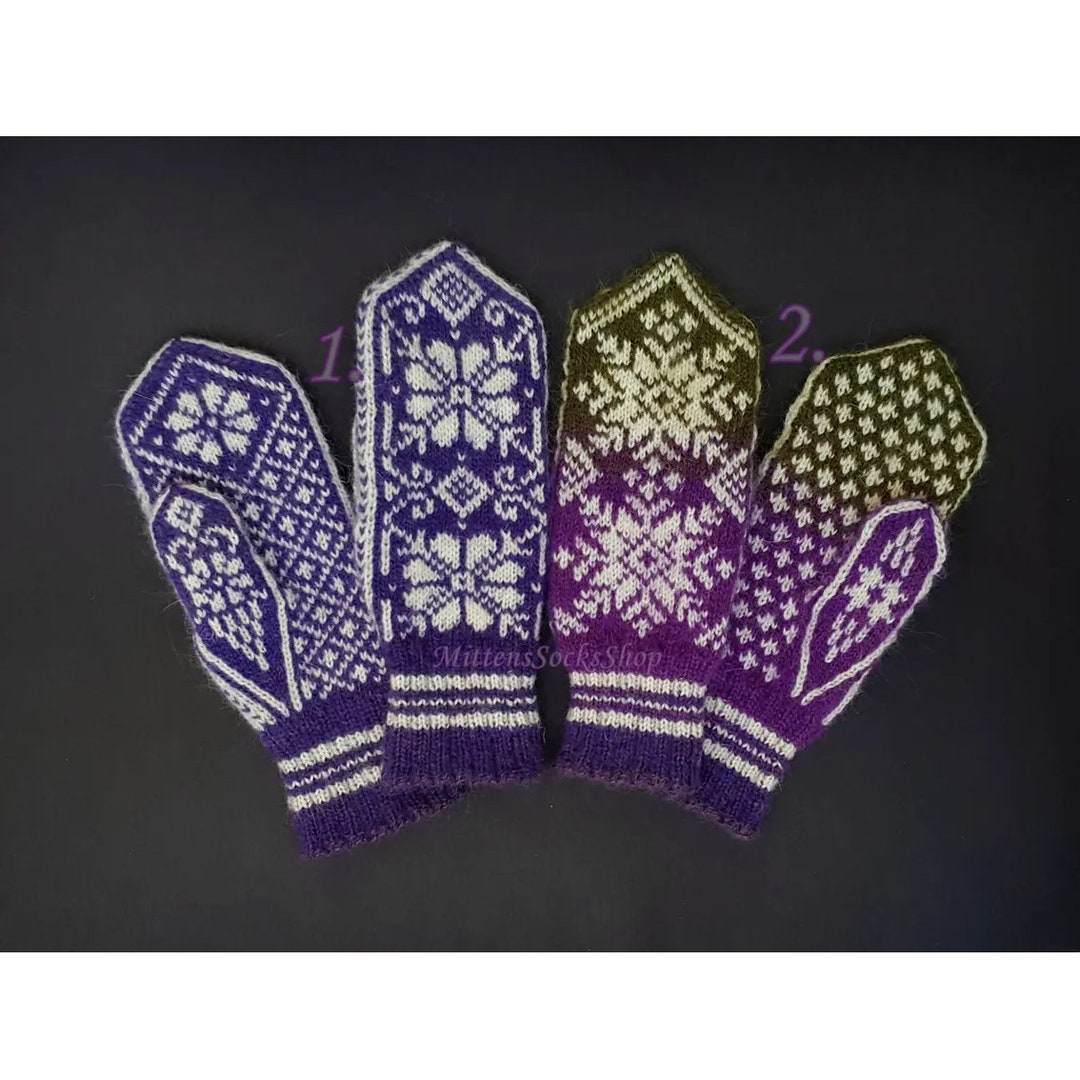 Purple White Green Mittens, Knitted Nordic Mittens, Scandinavian Gloves ...