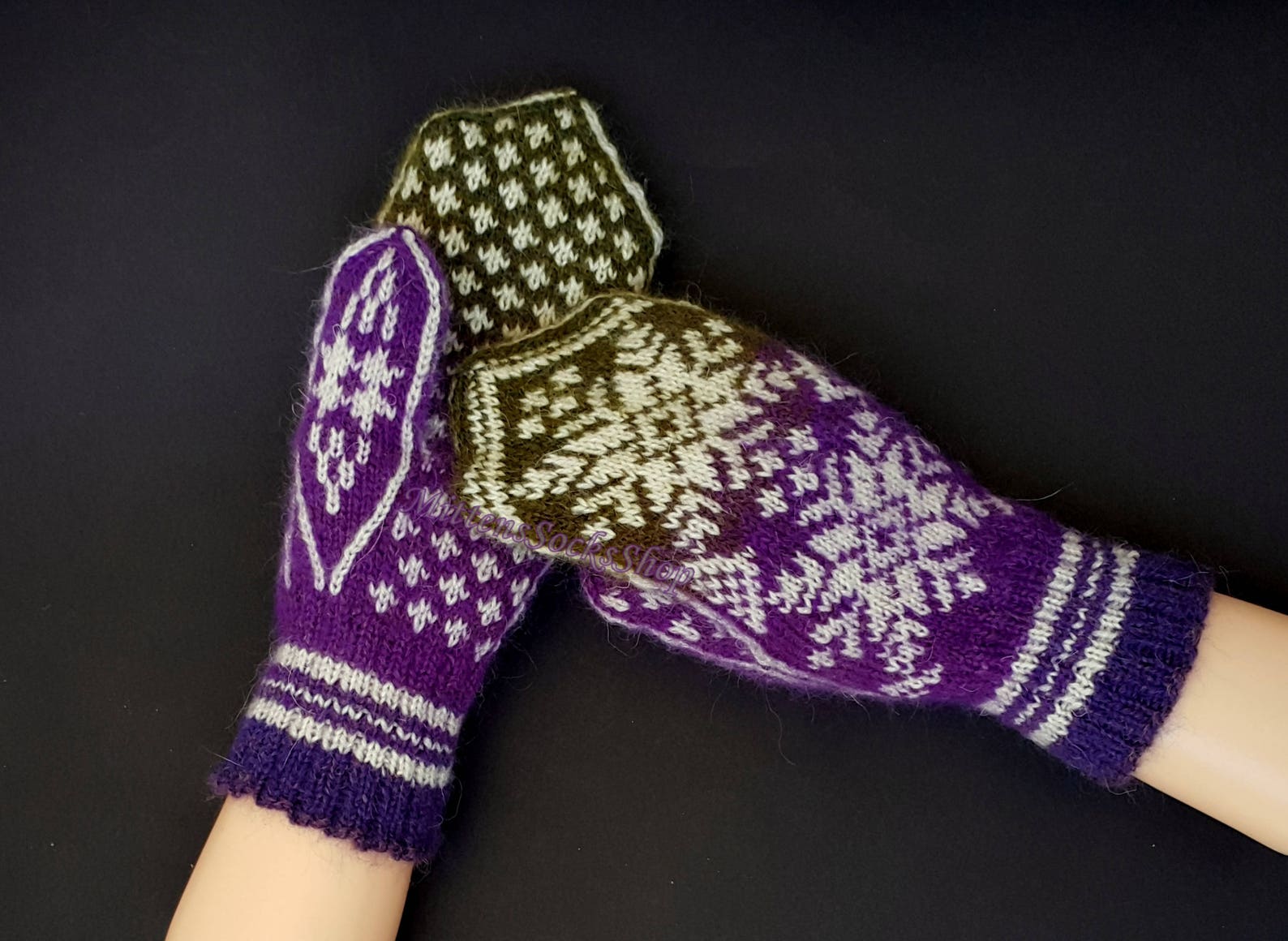 Purple White Green Mittens Knitted Nordic Mittens - Etsy