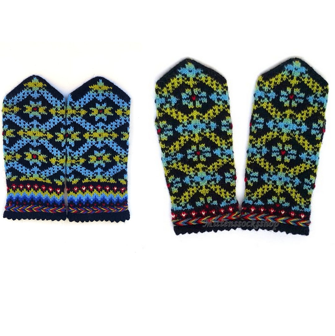 Hand Knitted Blue Green Black Mittens, Latvian Mittens, Blue Green ...