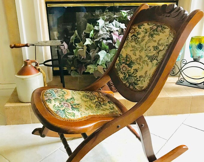 Antique Petite Folding Rocking Chair, Solid Wood & Tapestry Seat and ...
