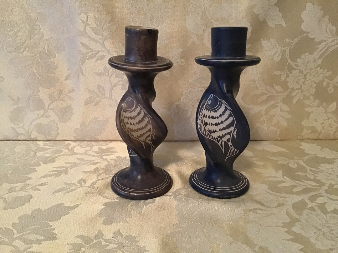 African Art Hand-carved Twisted Soapstone Candle Holders, A Pair, Kenya ...