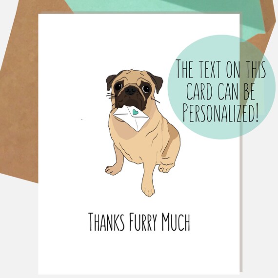 Pug Card Thank You Card Thanks Furry Much Dog Stationary - Etsy