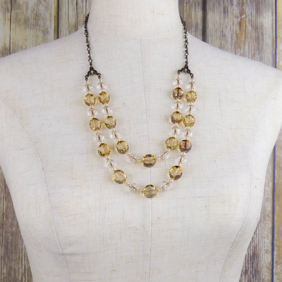 Two-strand Necklace With Amber Table Cut Beads - Medium Length ...