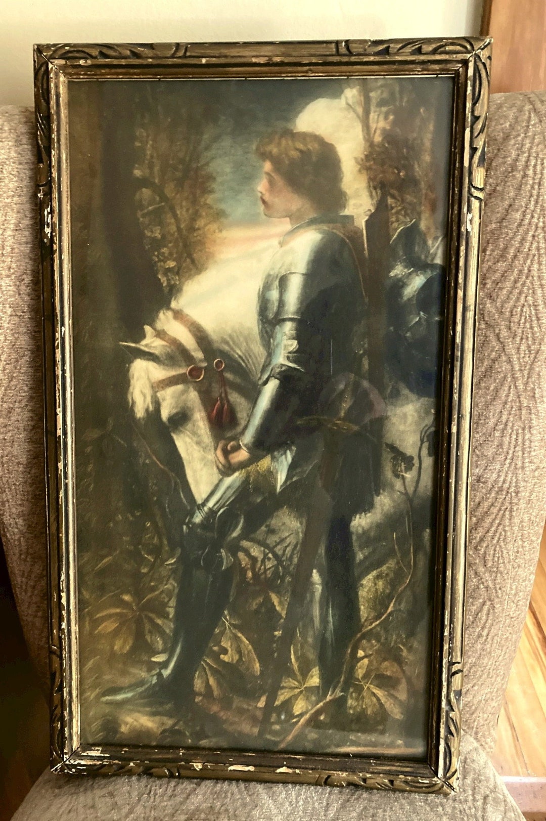 Antique Knight in Armor W/ White Horse Print C. 1910 Original Frame ...