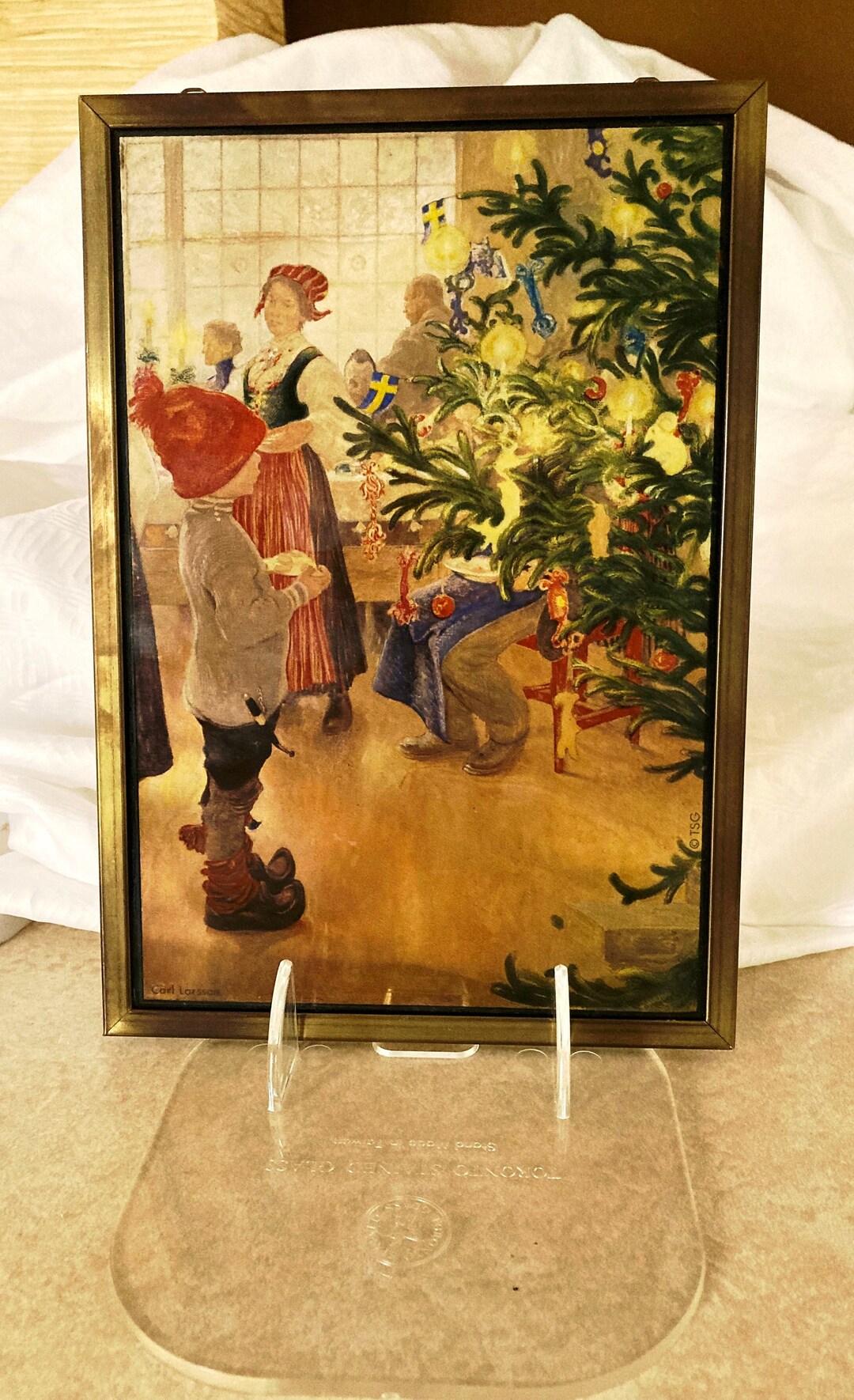 Vintage Christmas Carl Larsson Glass Art Tabletop Family Scene W/ Stand ...
