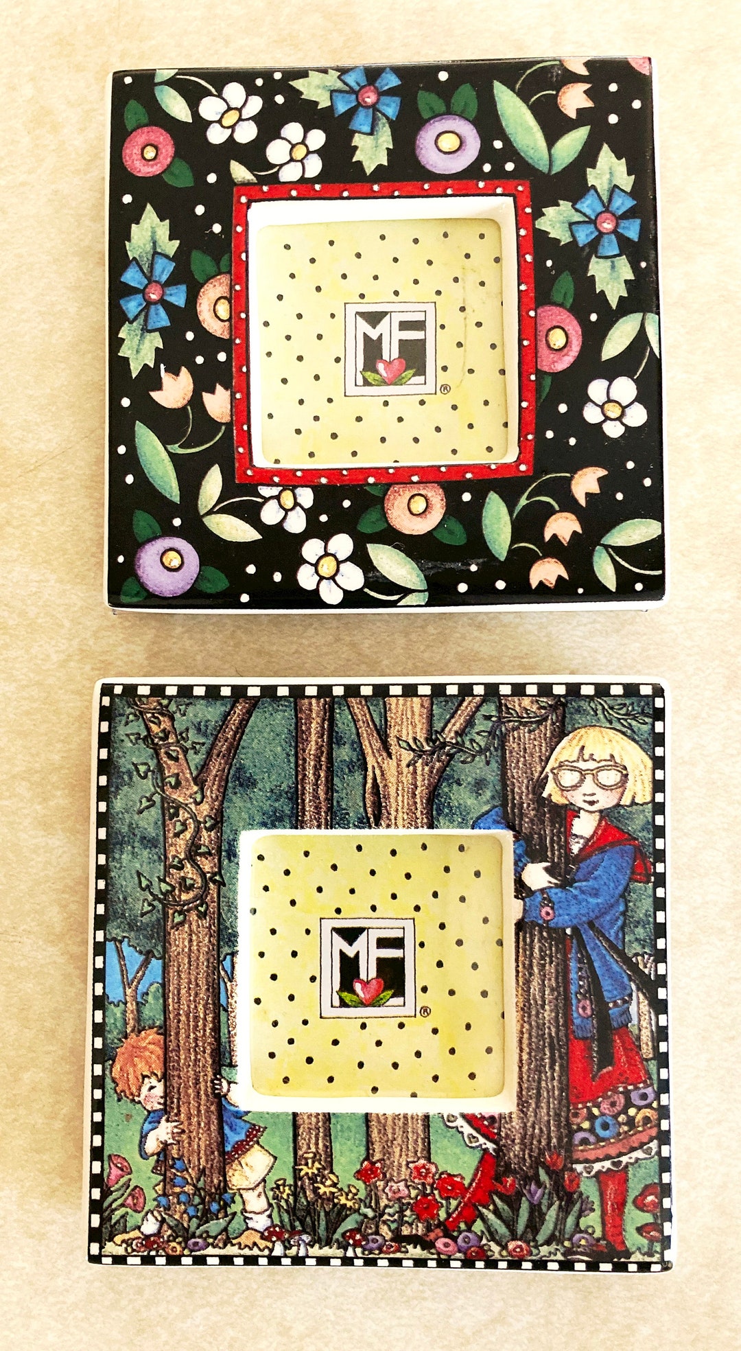 Vintage Mary Engelbreit Ceramic Frames 3.25 Square Pair 1995 Whimsical ...