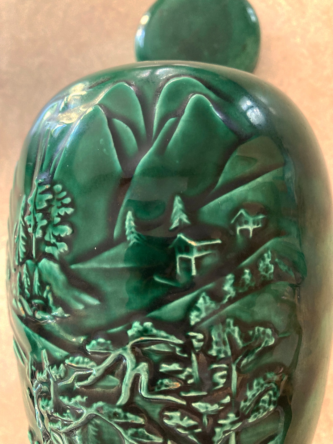 Vintage Dark Green Ginger Jar W/ Lid 7 Tall Handmade Japanese Style ...